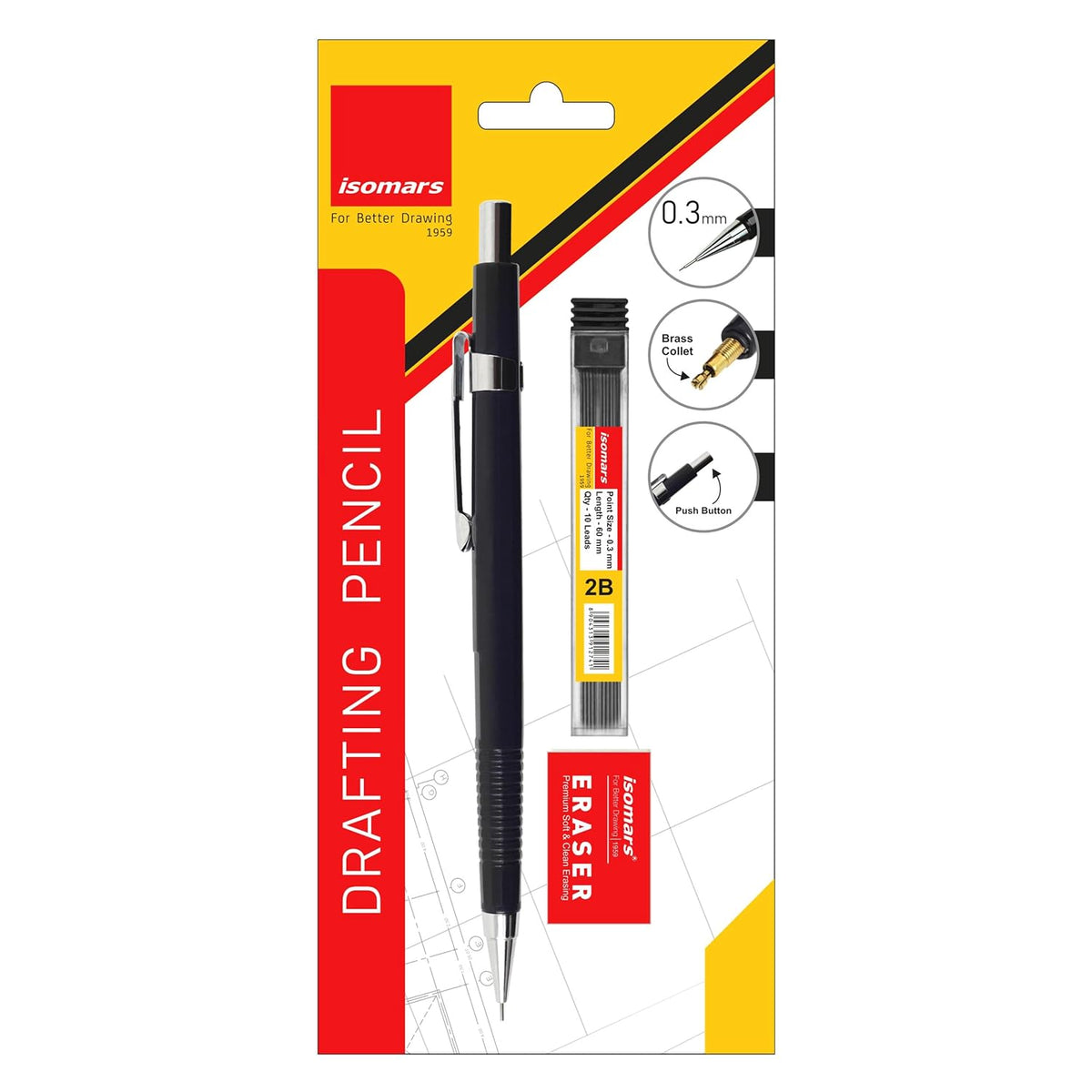 Isomars Mechanical Pencil 0.3mm - (DRAFTING) with Leads & Eraser - Bla
