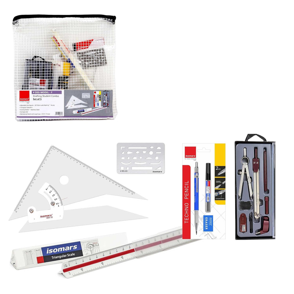 Isomars Student Drafting Kit – 5-Piece Engineering Drawing Set with Co