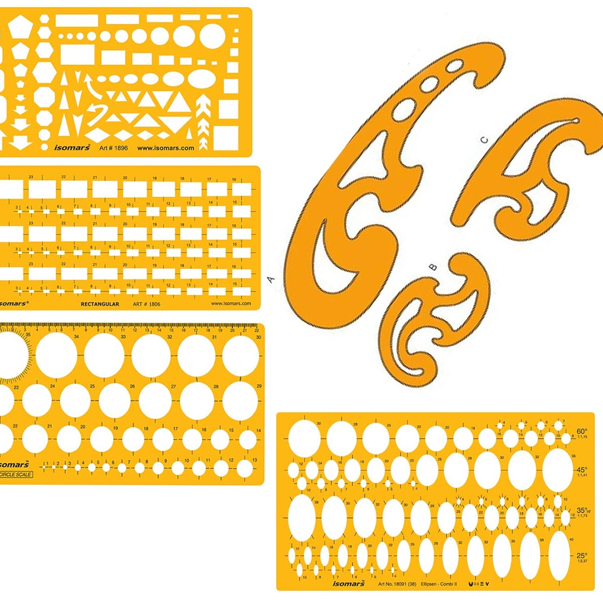 Isomars Technical Drawing Drafting Templates Set of 4 - with French Cu