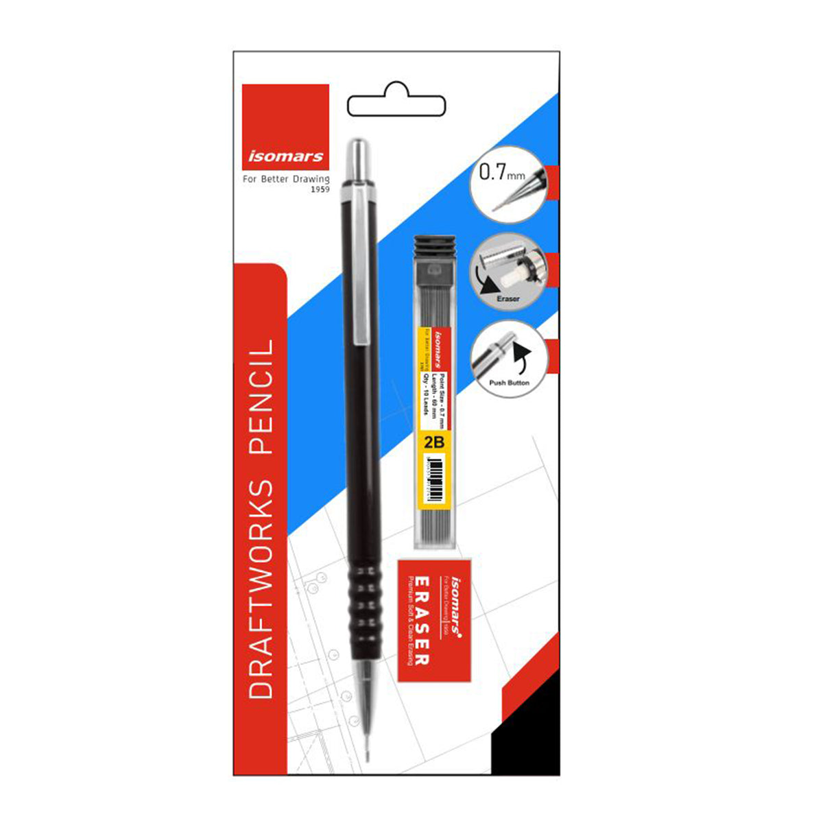 Isomars Mechanical Pencil 0.7mm - (DRAFTING) with Leads & Eraser - Bla